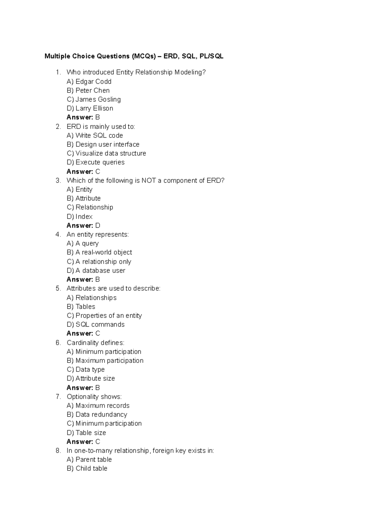 MCQ Review: ERD & SQL Concepts for Exam Preparation - Studocu