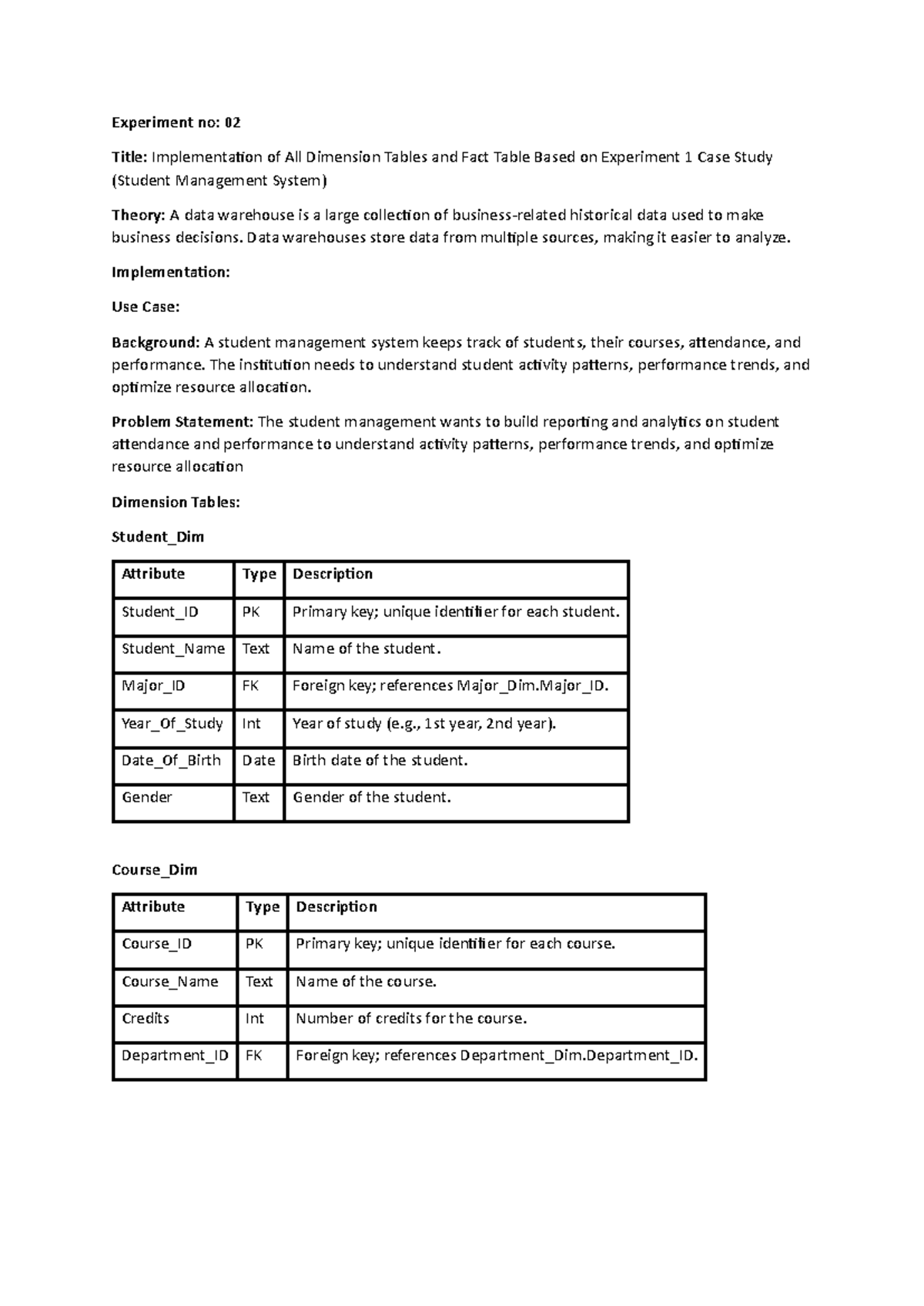 Data Warehouse Management Experiment 2: Dimensional Modeling in SMS - Studocu