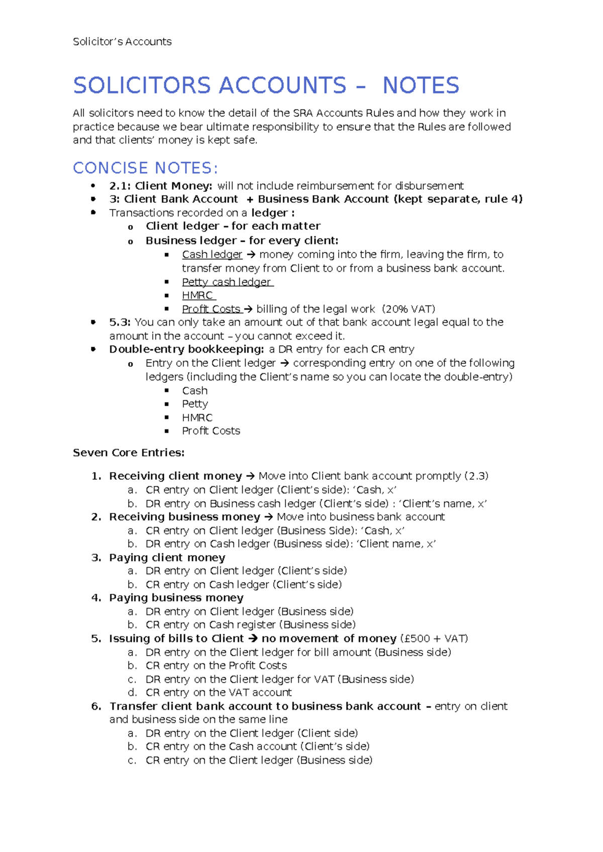 SRA ACCOUNTS Rules and Detailed Notes for Solicitors' Practice - Studocu