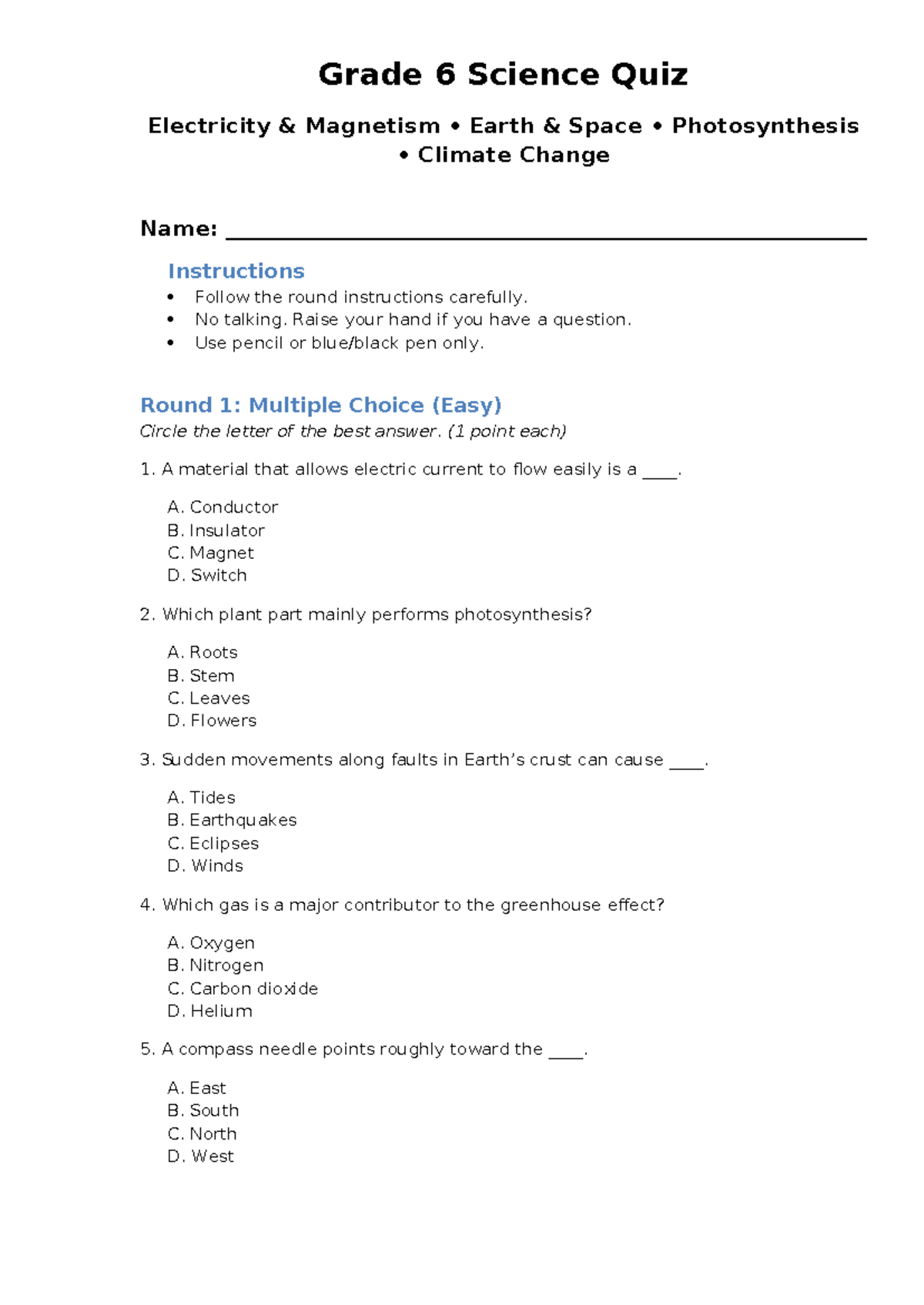 Grade 6 Science Quiz: Electricity, Magnetism & Photosynthesis - Studocu