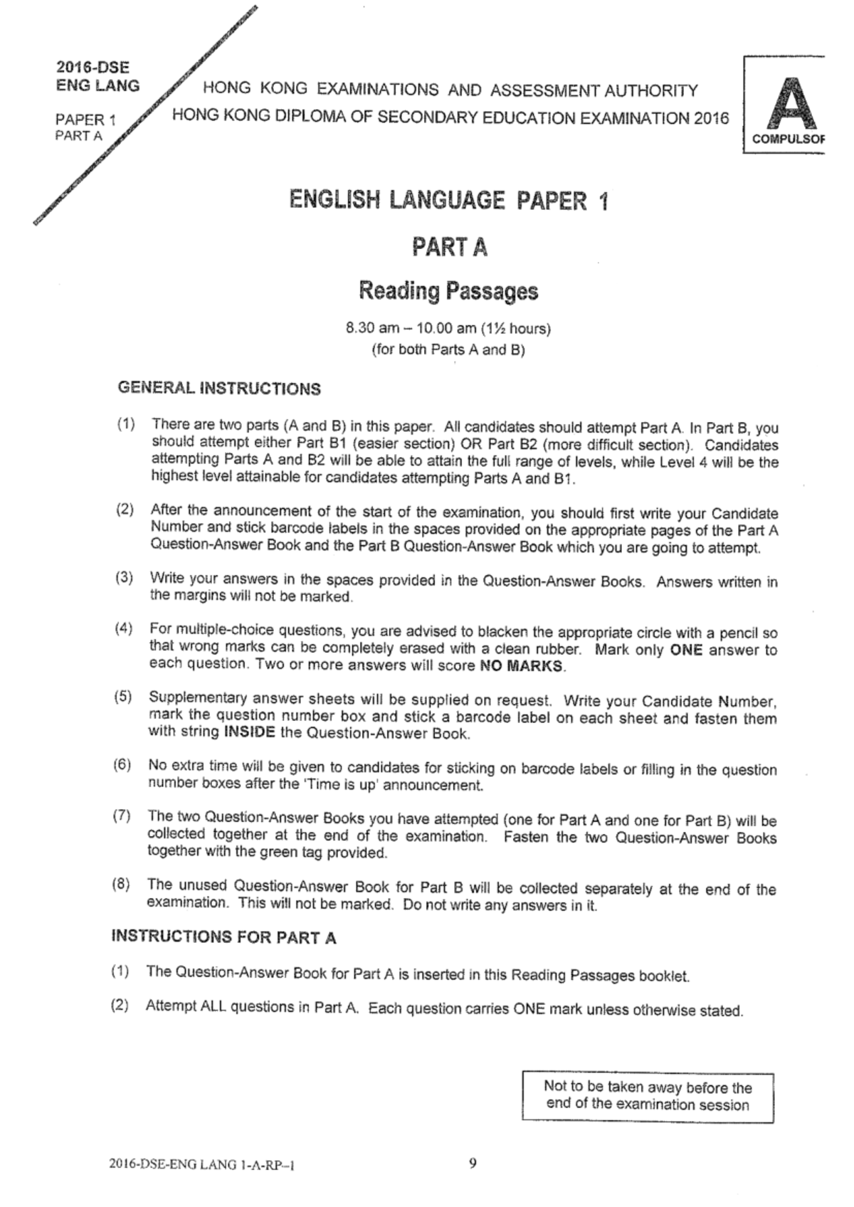 ENG LANG HKDSE 2016 PAPER 1 READING PASSAGES EXAMINATION GUIDE - Studocu