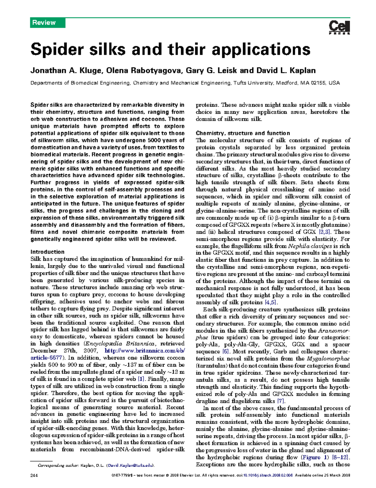 Review of Spider Silks: Applications and Genetic Engineering Advances ...