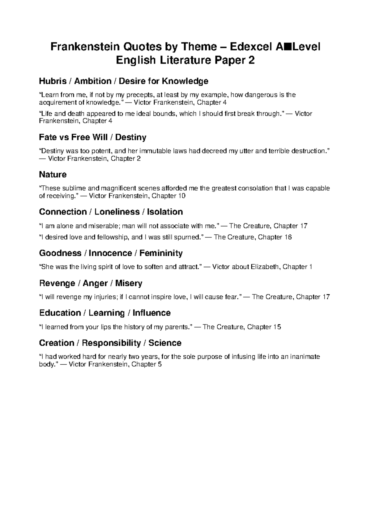 Frankenstein Quotes by Theme - Edexcel A-Level Literature - Studocu