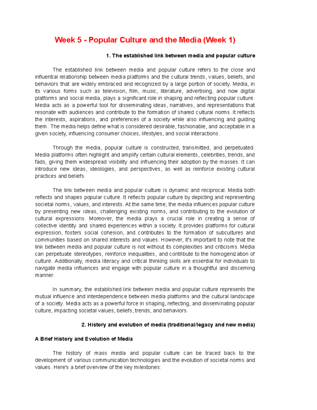 Popular Culture & Media: Connections, History, & Literacy (Week 5 ...