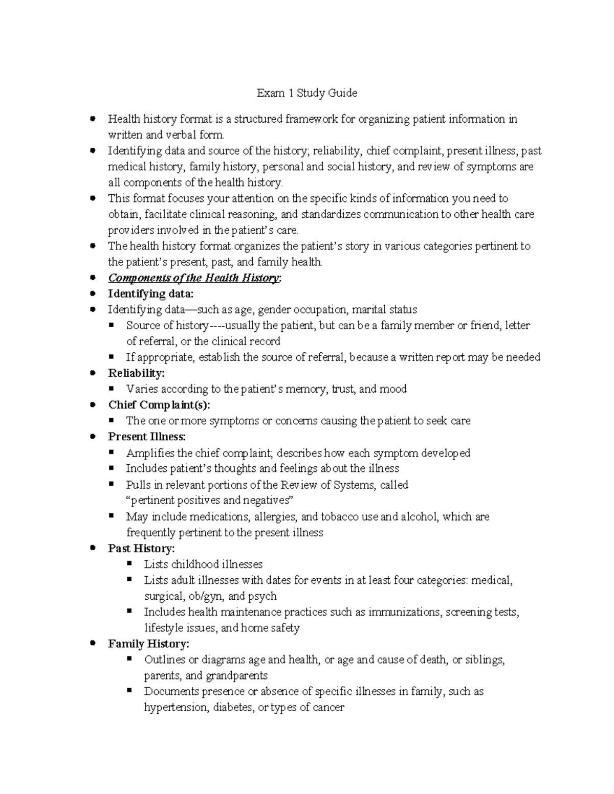 Exam 1 Study Guide: Health History Format and Clinical Assessment - Studocu