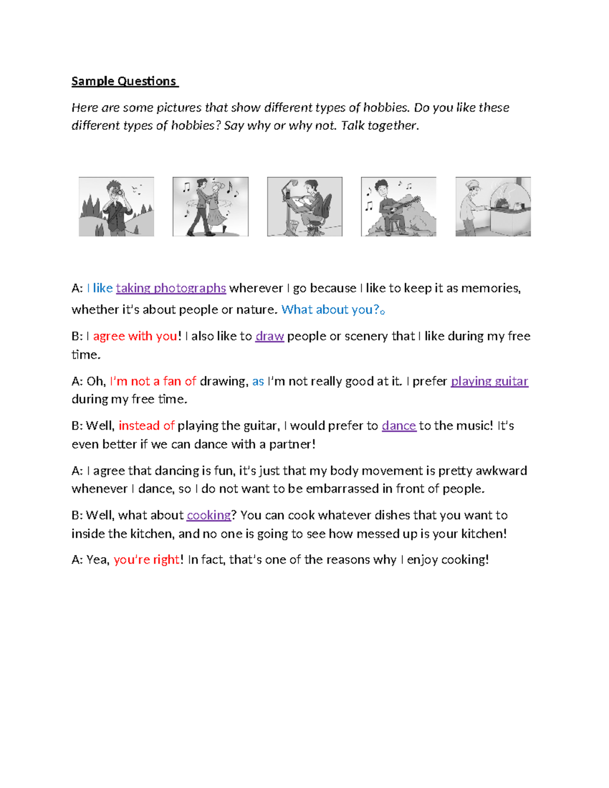KET 651516282 Speaking Part 2: Sample Answers on Hobbies & Subjects ...