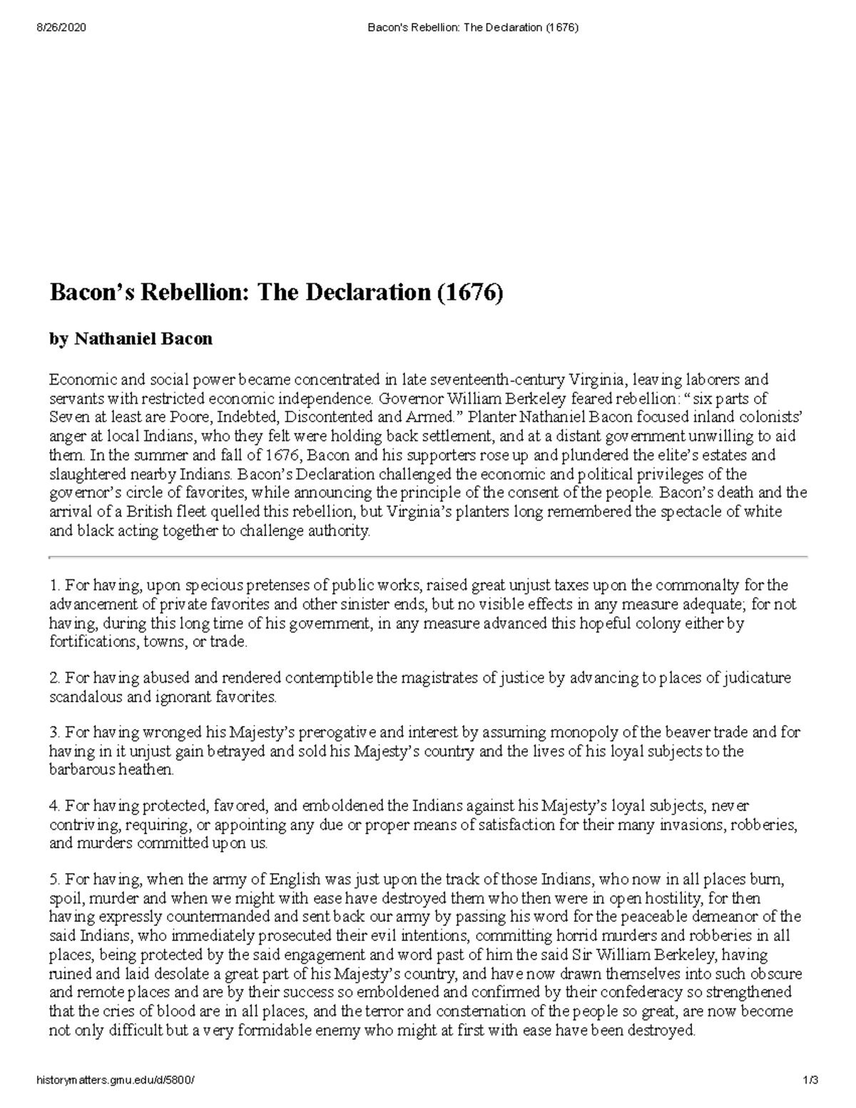 Bacon's Rebellion: The Declaration (1676) Analysis and Insights - Studocu