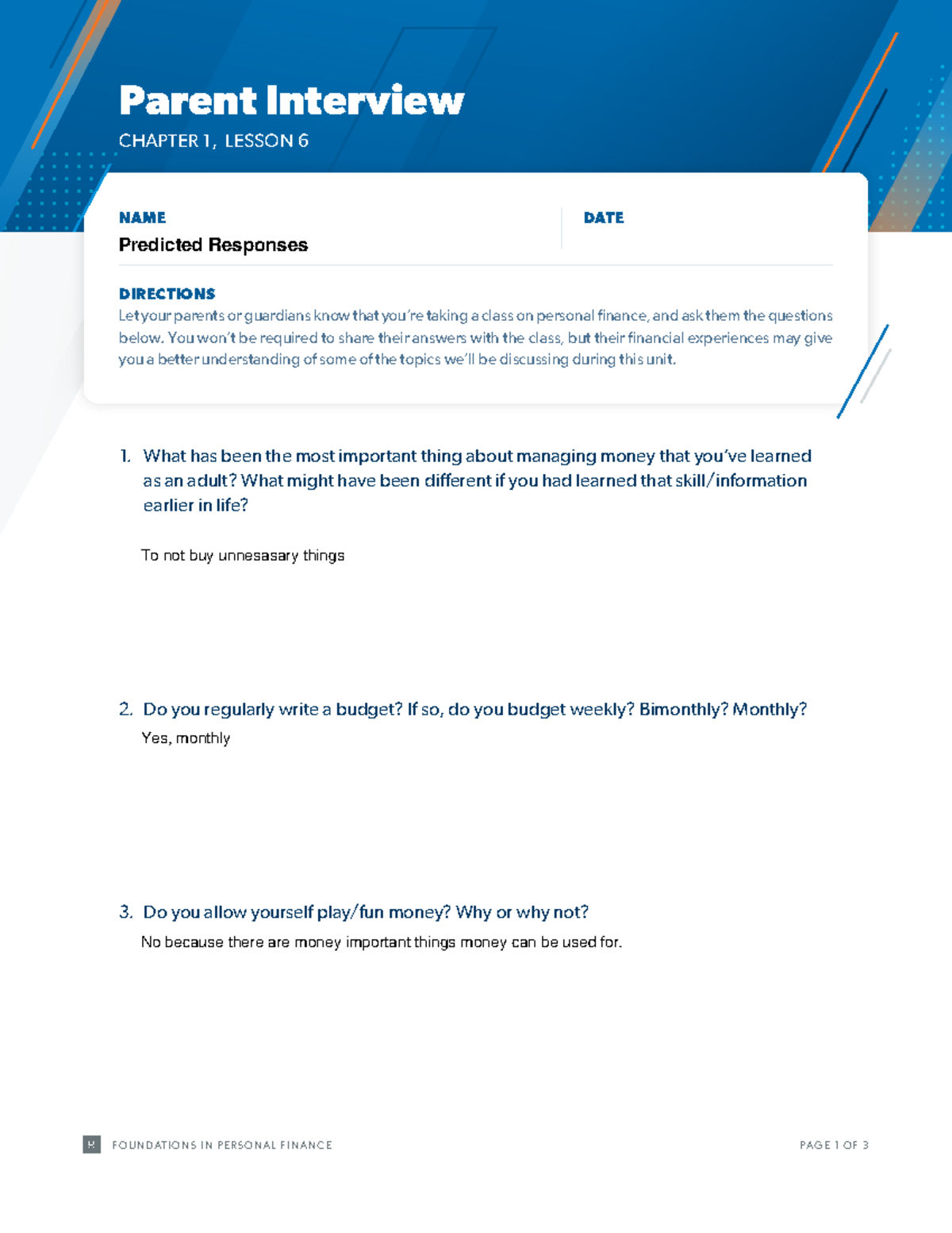 Parent Interview: Insights from Chapter 1, Lesson 6 in Personal Finance ...