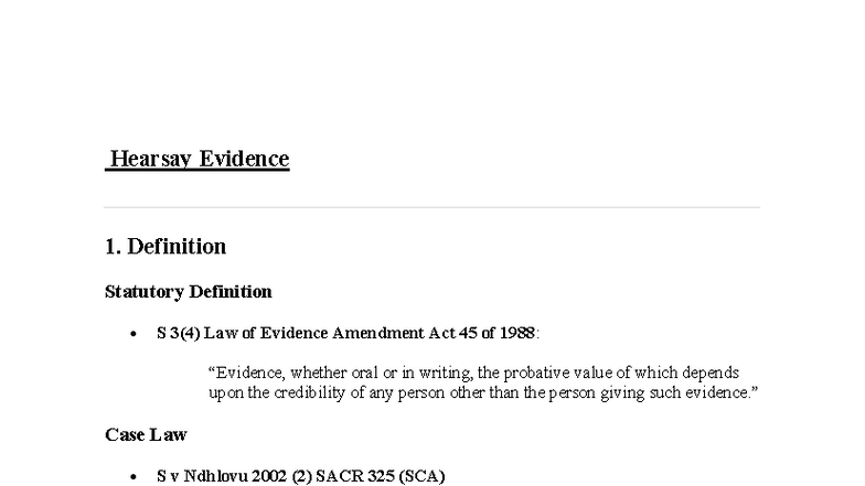 Hearsay Evidence: Key Definitions and Case Law (Law 101) - Studocu