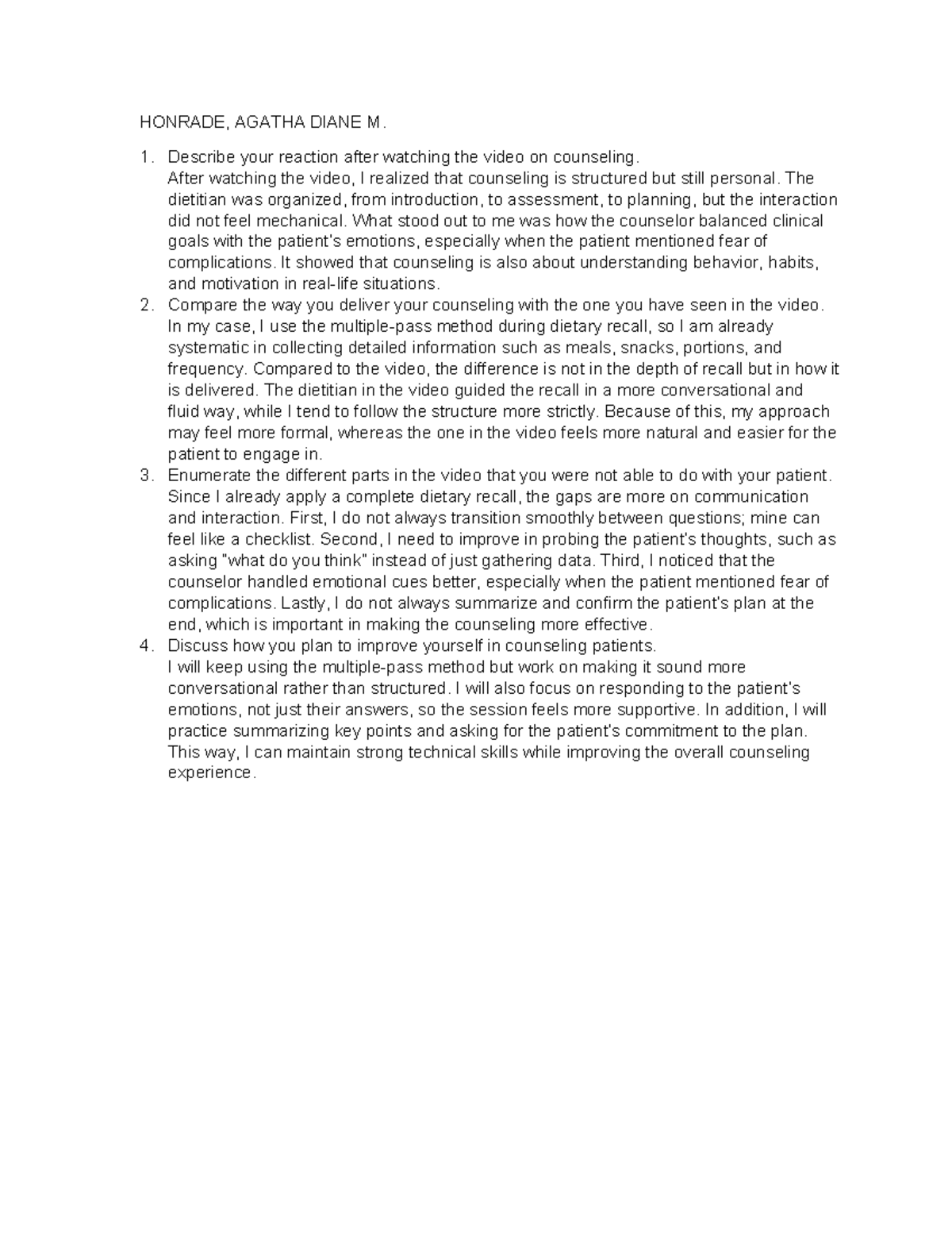 Honrade - Nutrition Education M4 Lecture 3 Counseling Reflection - Studocu