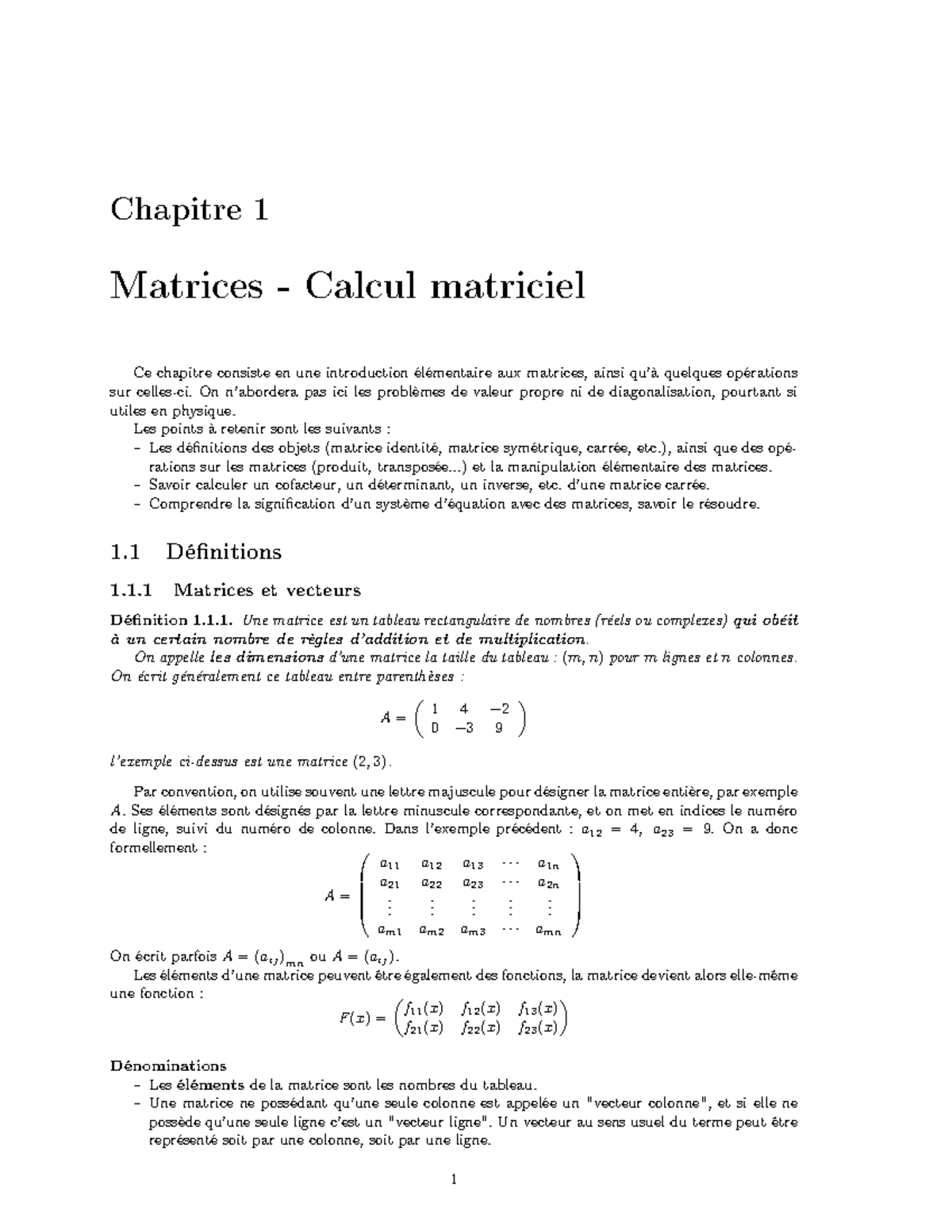 Matrices/Calcul matriciel - Chapitre 1 Matrices - Calcul matriciel Ce ...