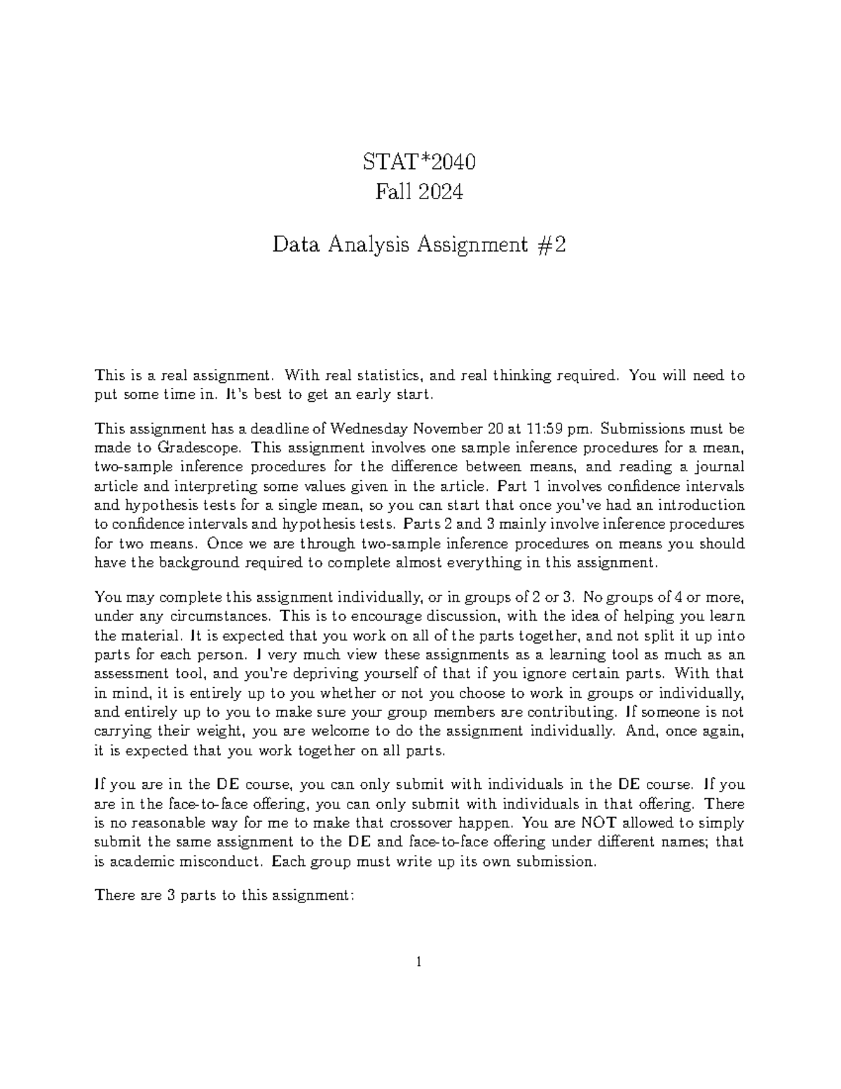 2040 F24 Data Analysis Assignment 2: Inference Procedures & R Analysis - Studocu