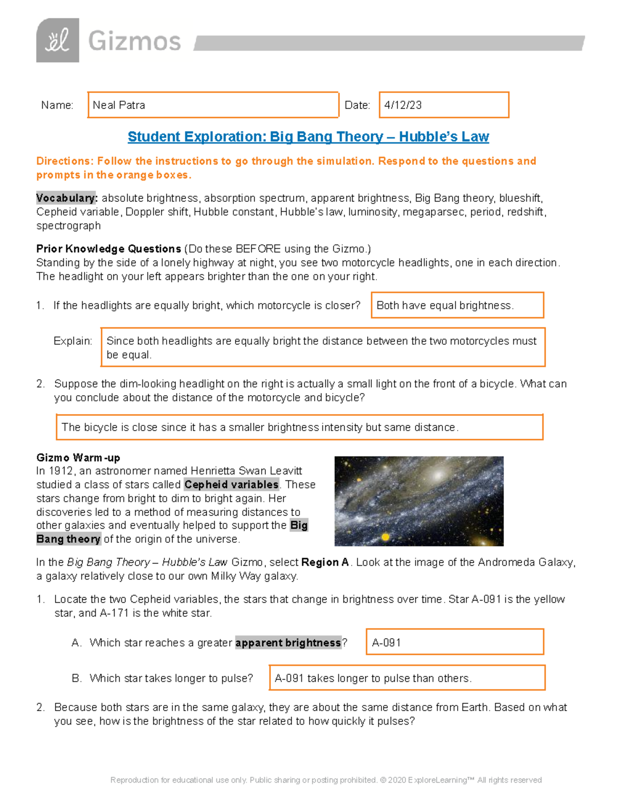 Final Gizmo Exploration: Big Bang Theory & Hubble’s Law - Studocu