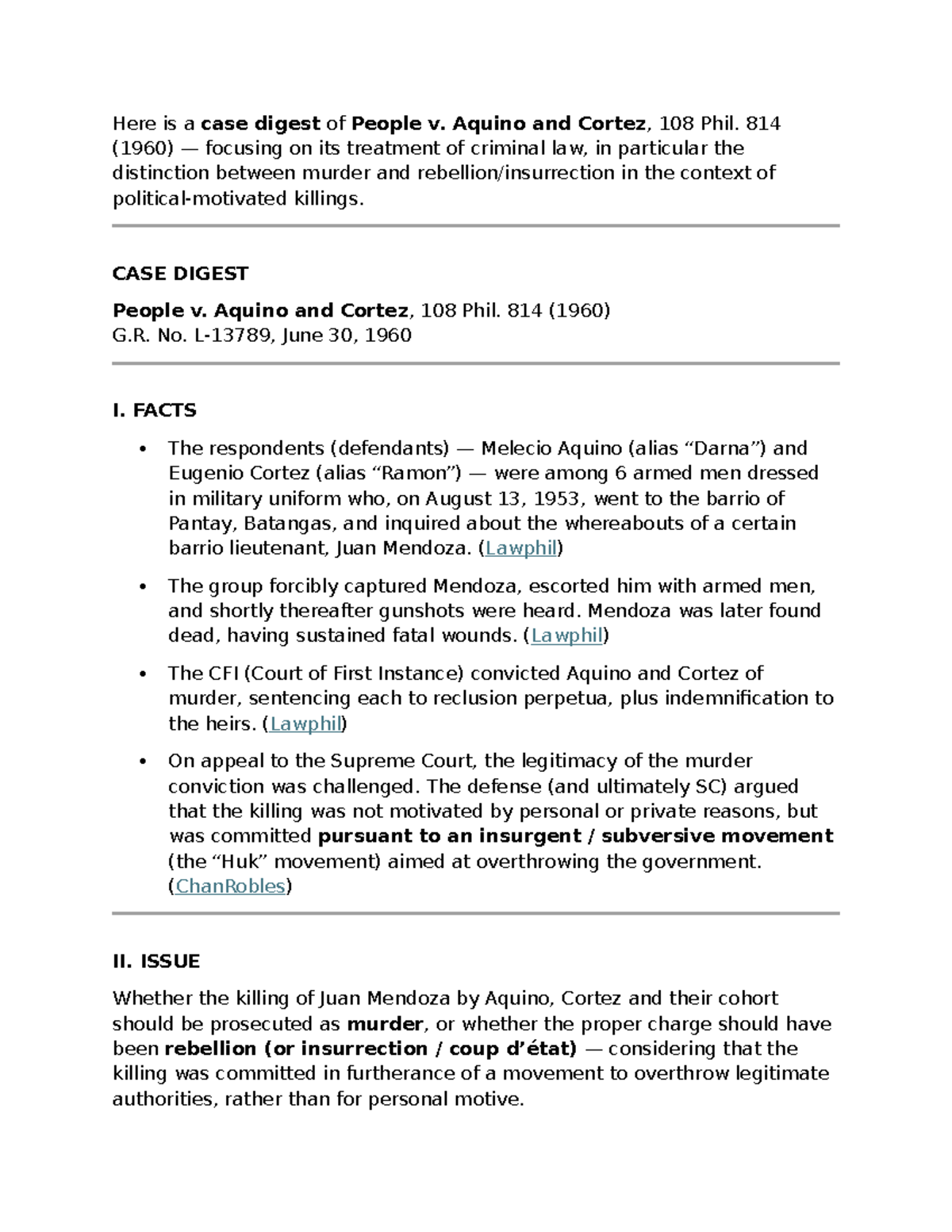 Case Digest: People v. Aquino & Cortez, G.R. No. 108 Phil. 814 (1960 ...