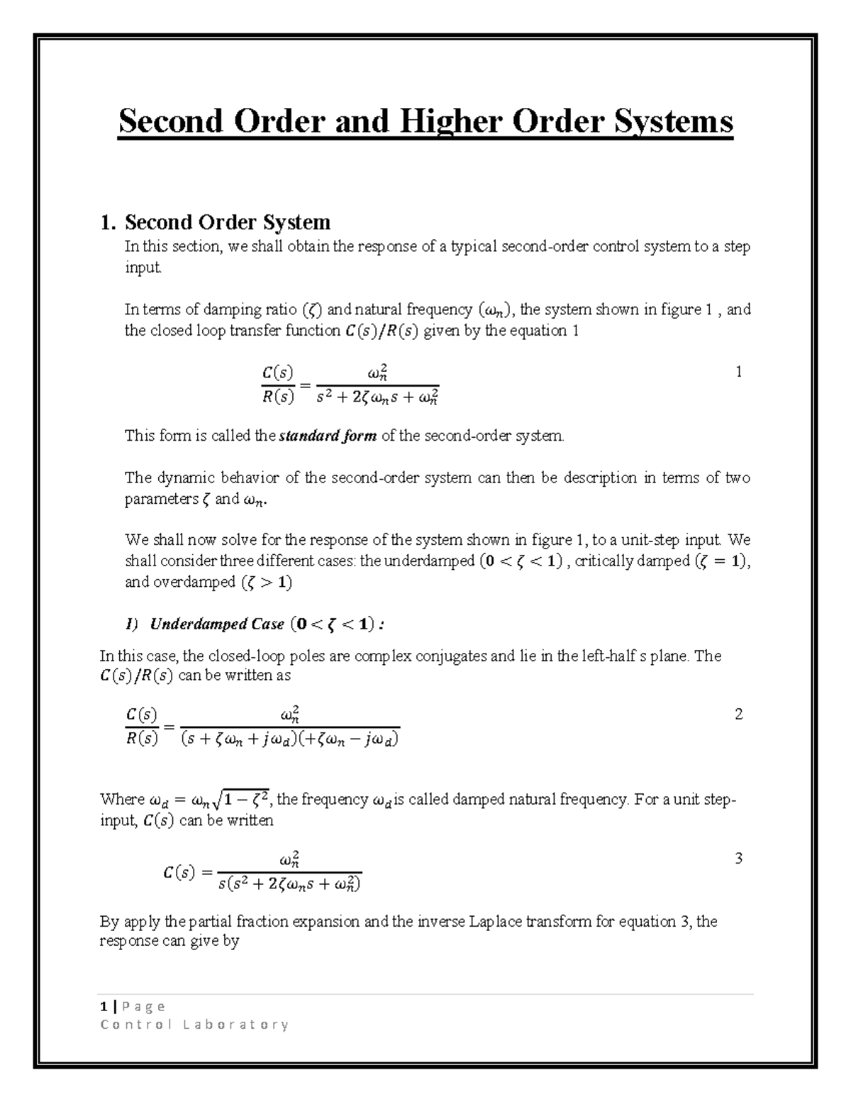 05 - Second Order and Higher Order Systems: Control Lab Notes - Studocu