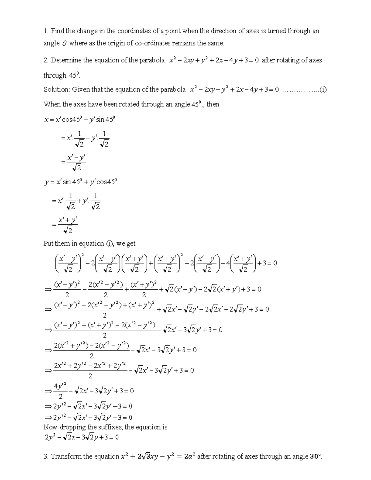 Geometry 2: Rotating Axes and Parabola Transformations - Studocu
