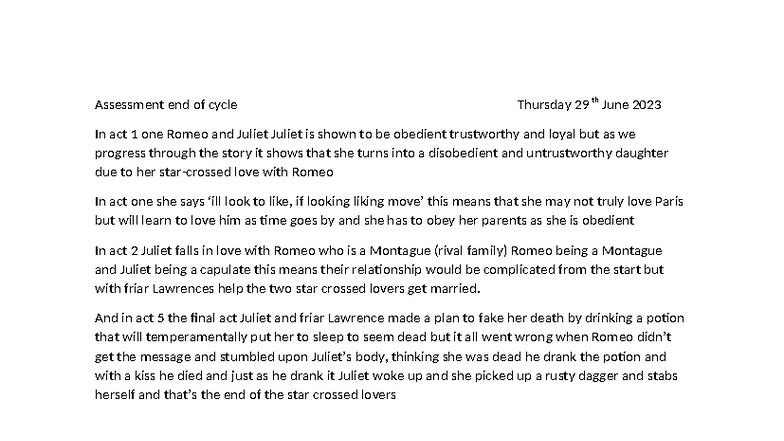 Assessment: Romeo and Juliet Character Analysis - End of Cycle 2023 - Studocu