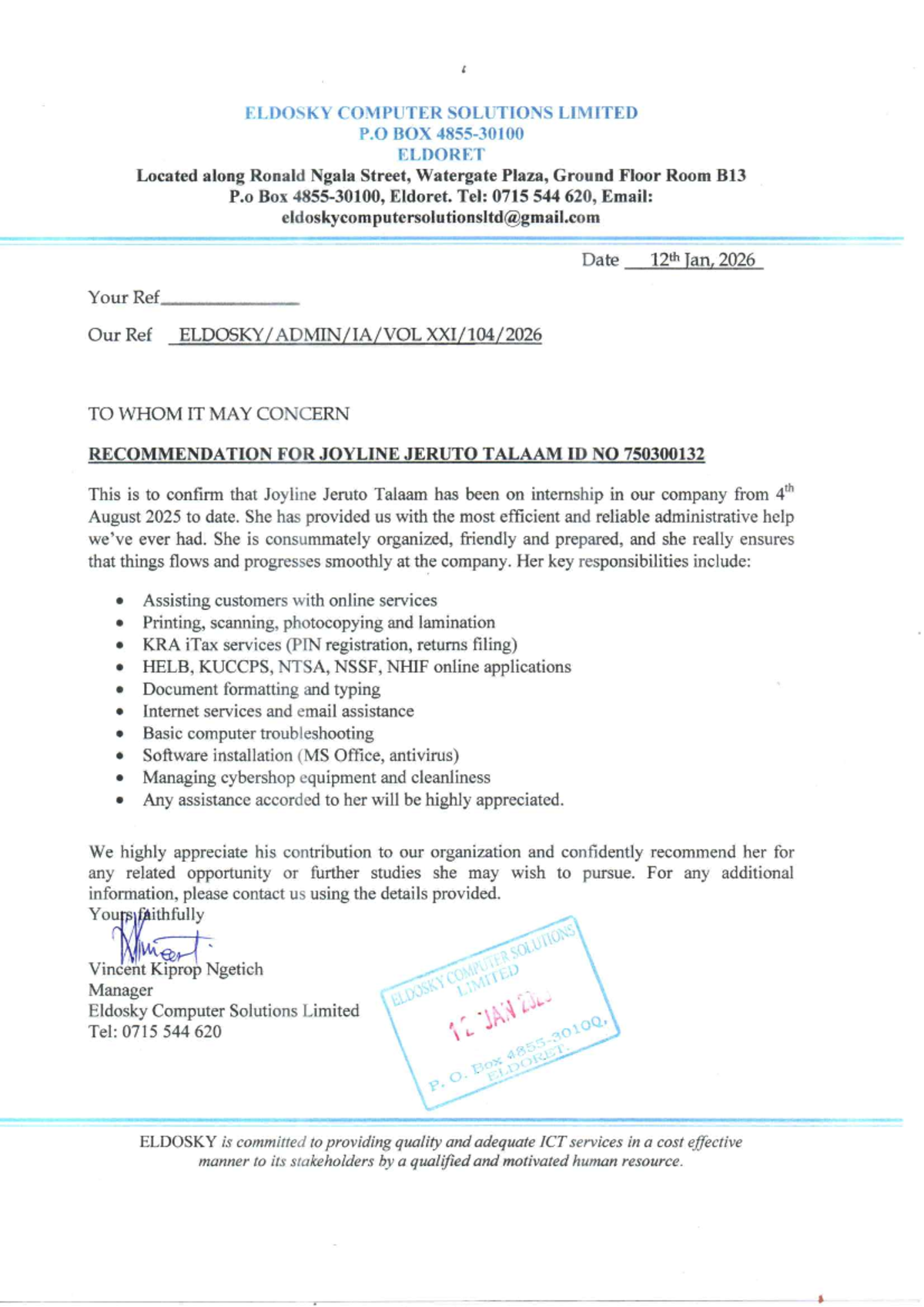 Recommendation Letter for Joyline Jeruto Talaam - ELDOSKY - Studocu