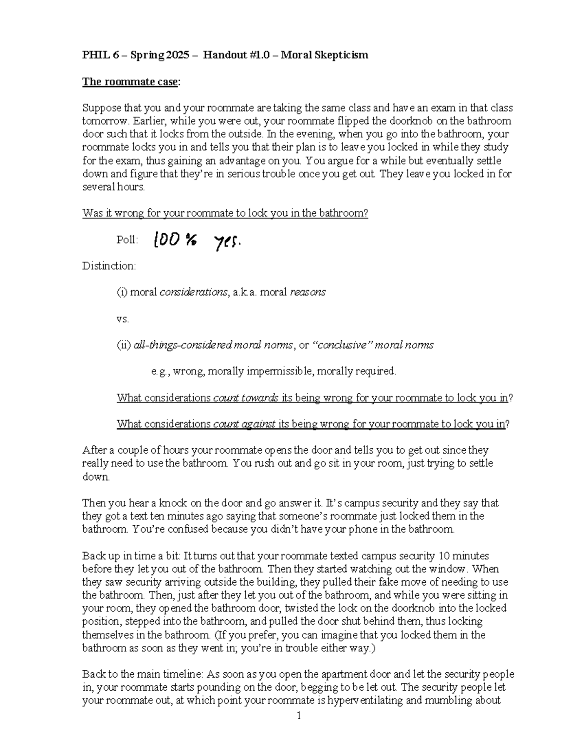 PHIL 6 Spring 2025 Handout: Exploring Moral Skepticism and the Roommate ...