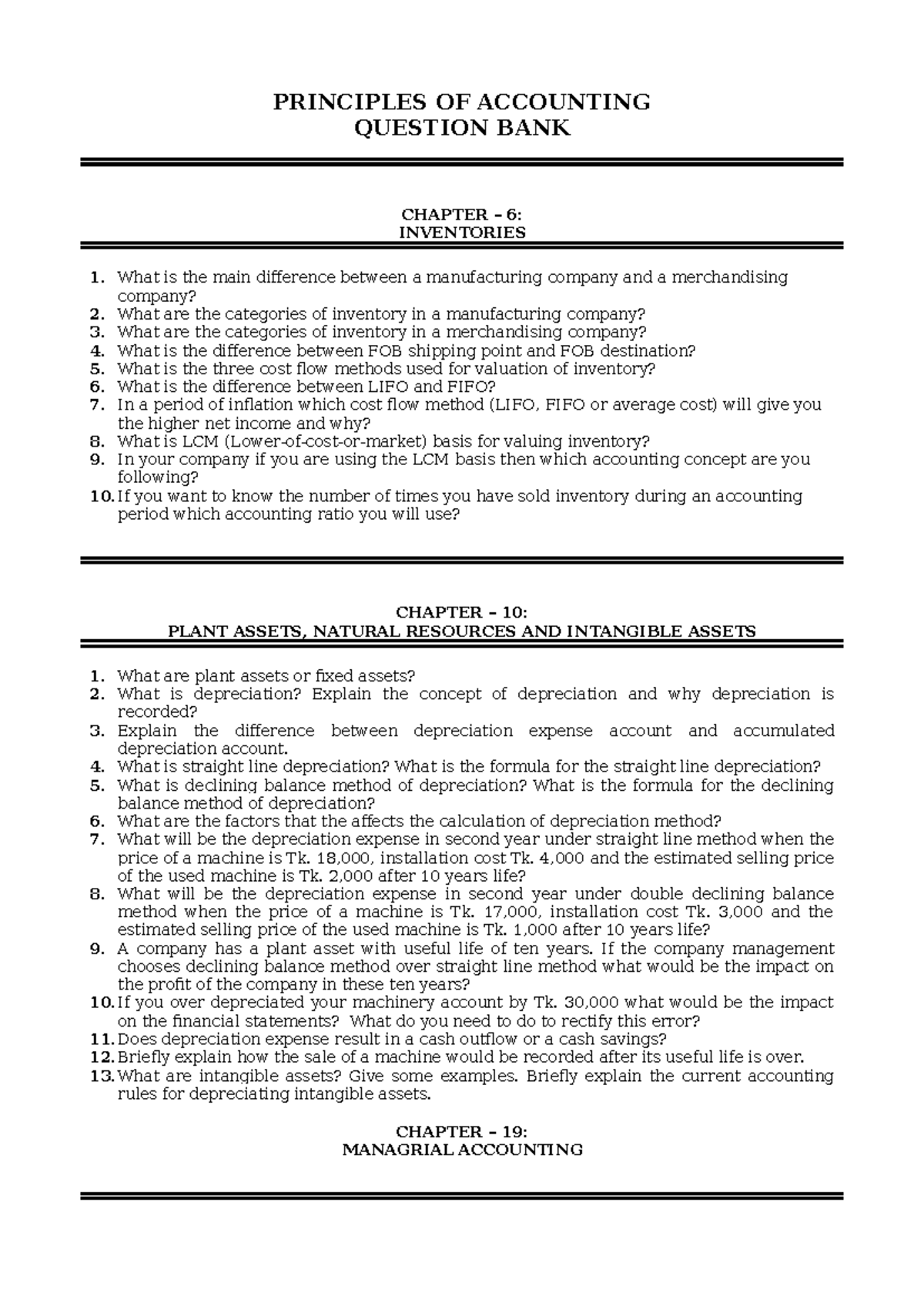Principles of Accounting VIVA - Question Bank for Chapters 6, 10, 19 ...