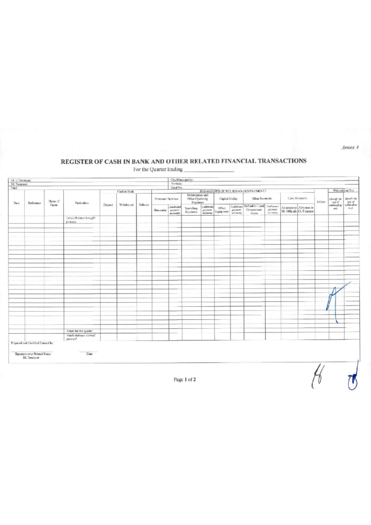 Annex 4: Cash in Bank & Financial Transactions Register - Qtr Ending ...