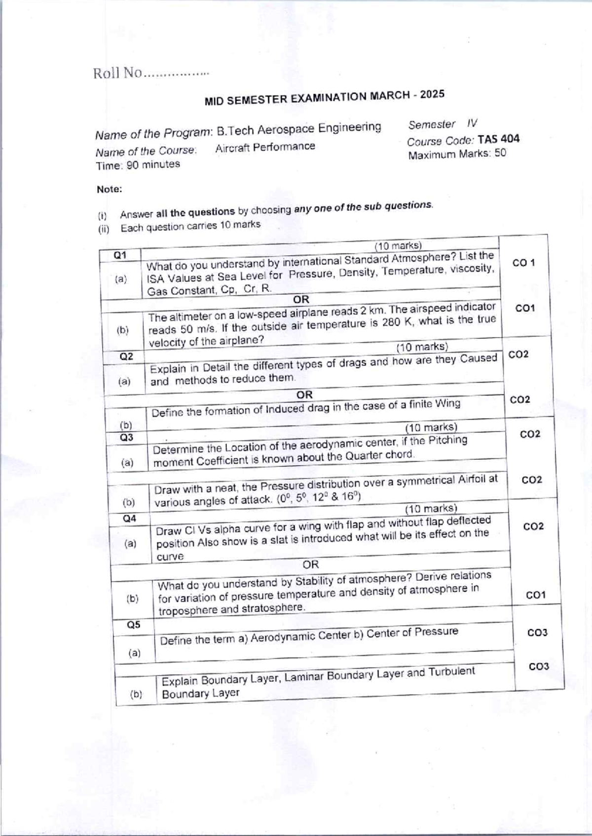 B.Tech Aerospace Engineering TAS 404 Mid Sem Exam March 2025 - Studocu