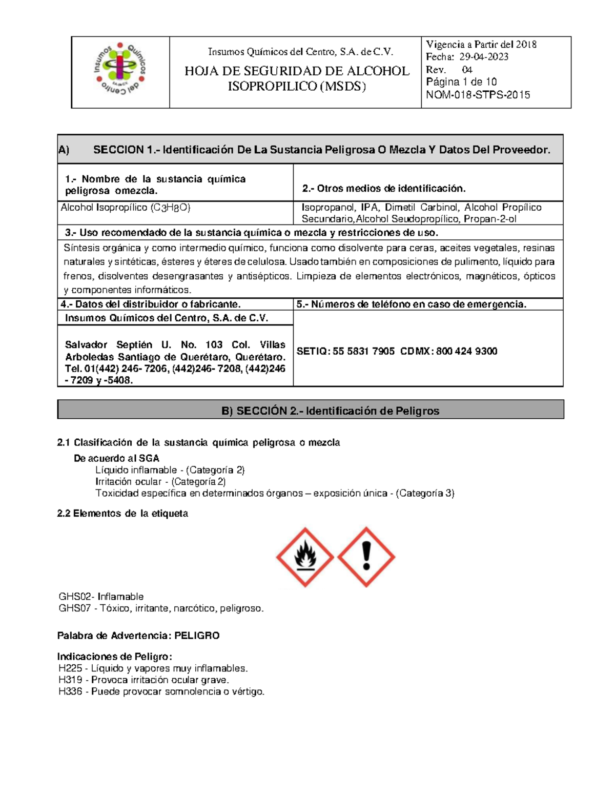 MSDS Alcohol Isopropílico - Seguridad y Manejo de Riesgos - Studocu
