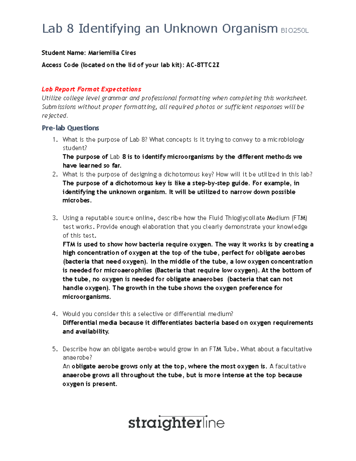 BIO250 Lab 8 Report: Identifying Unknown Organisms and Methods - Studocu