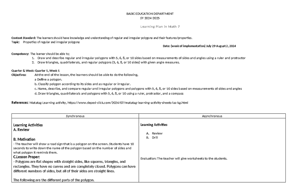 Math 7 LP - Lesson Plan on Properties of Polygons for SY 2024 - Studocu