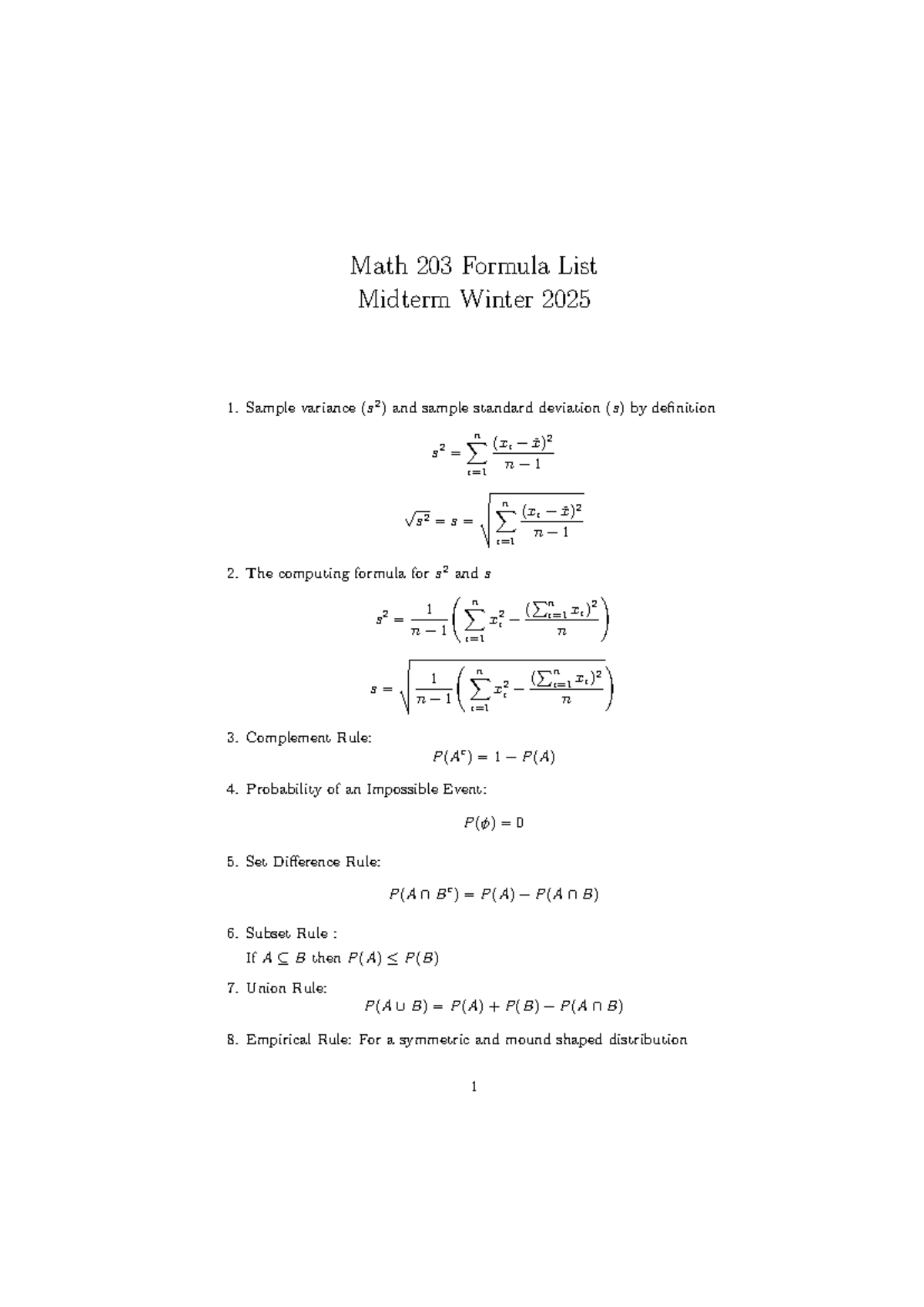 Math 203 Midterm Formula Sheet - Winter 2025 - Studocu