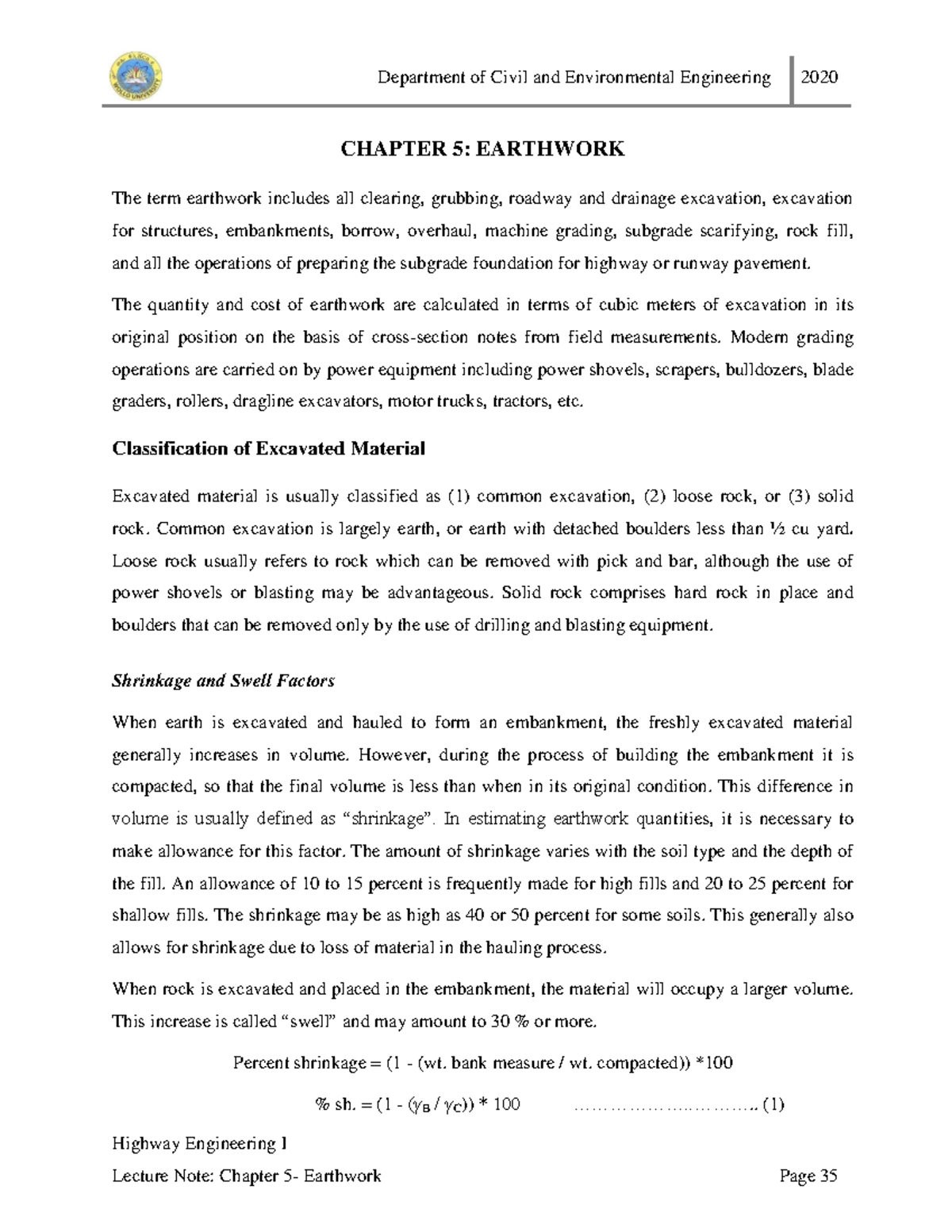 Highway Engineering I Lecture Note: Chapter 5 - Earthwork Overview ...