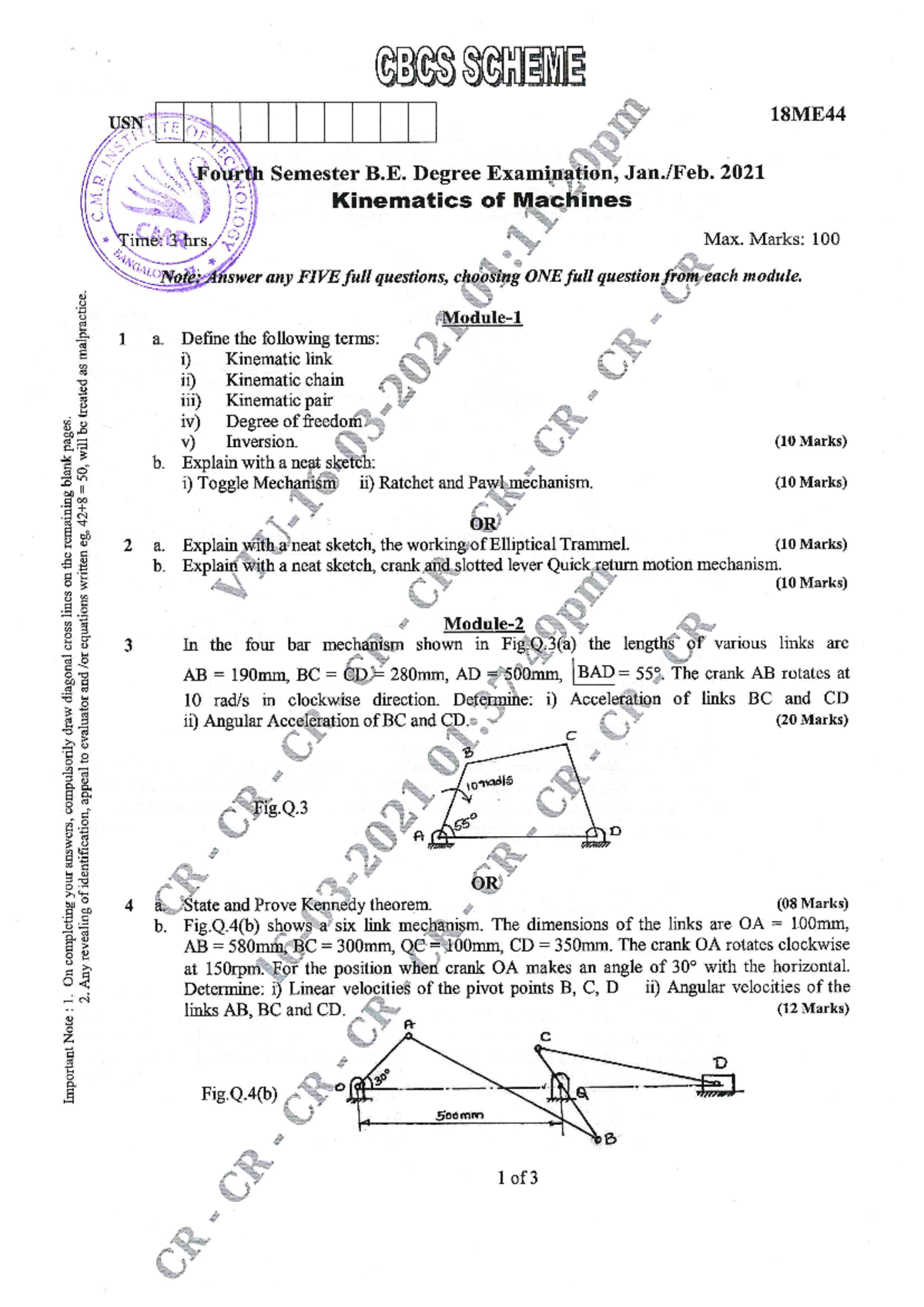 VTU Jan-2021 Question Paper for 18ME44: Kinematics of Machines - Studocu