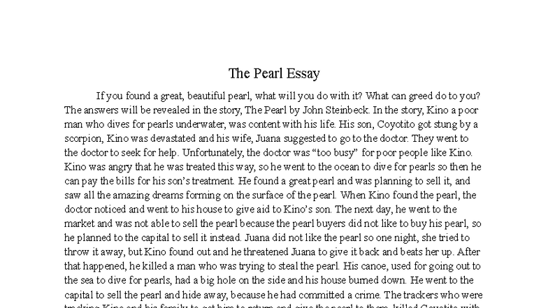 The Pearl Essay (ENG 101): Exploring Greed and Transformation - Studocu