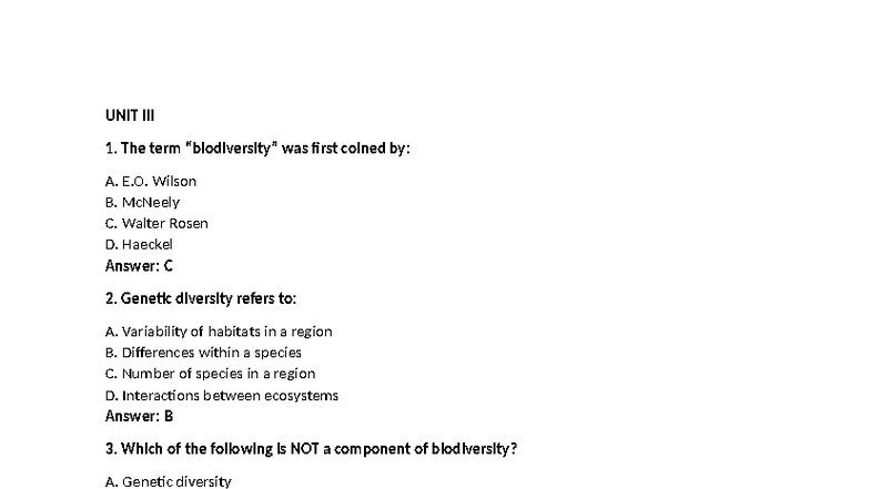 UNIT III: Biodiversity Concepts and Conservation Strategies - CHE110 ...