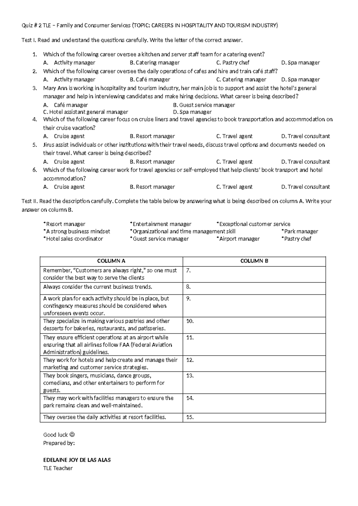 FCS - Quiz 2: Careers in Hospitality & Tourism Industry - Studocu