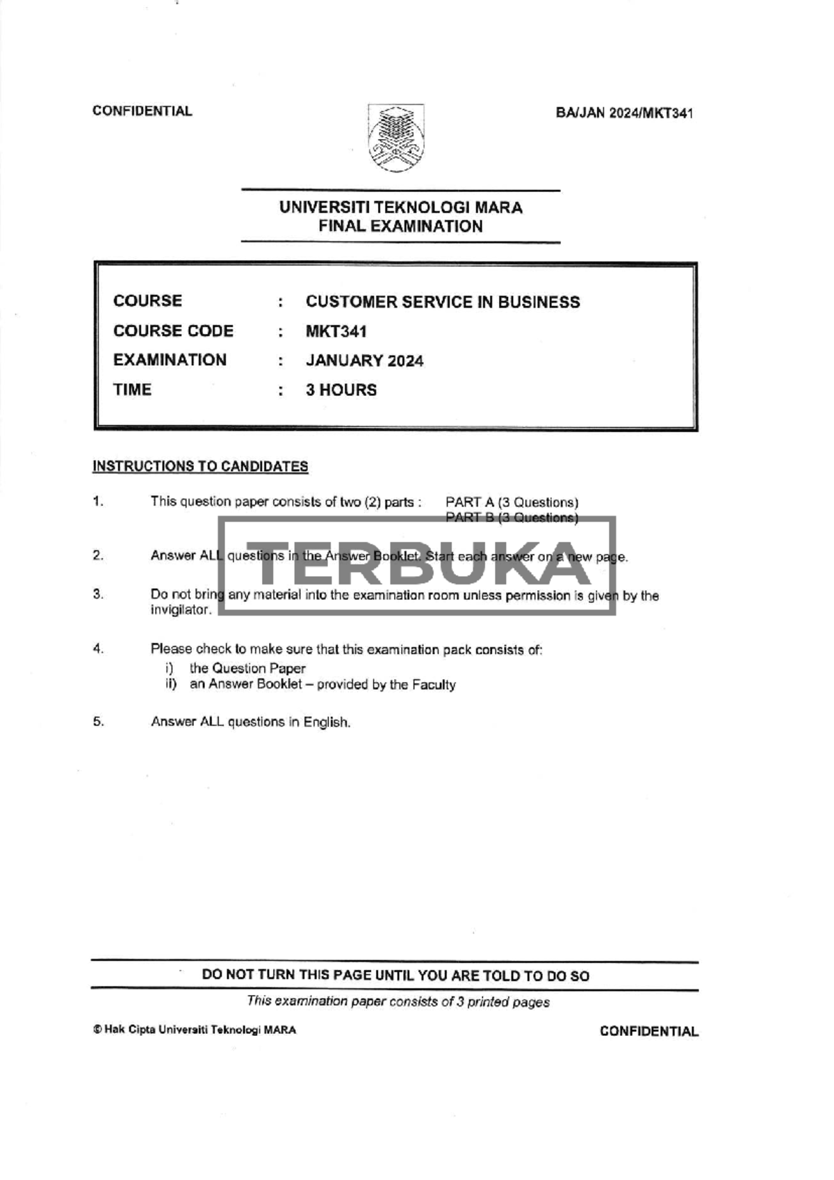 MKT341 Final Exam Paper: Customer Service in Business - Jan 2024 - Studocu
