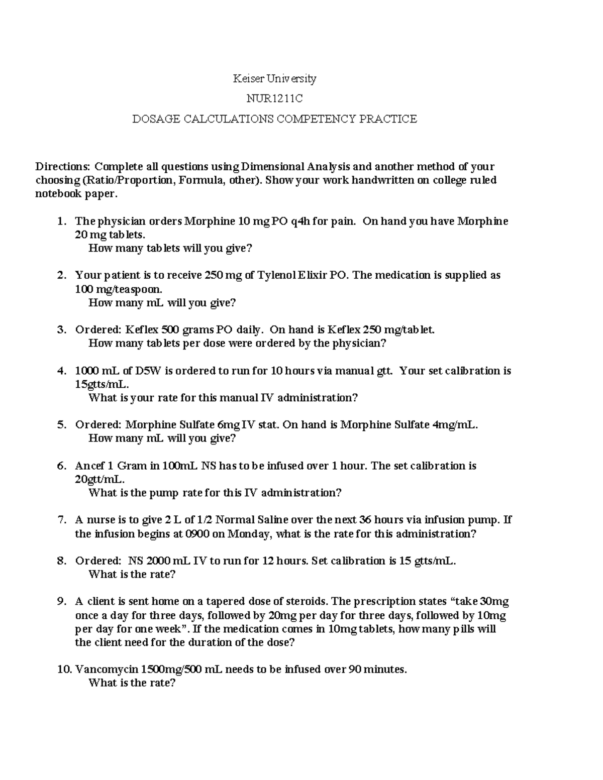 NUR1211C Dosage Calculations Competency Practice Worksheet 2024 - Studocu