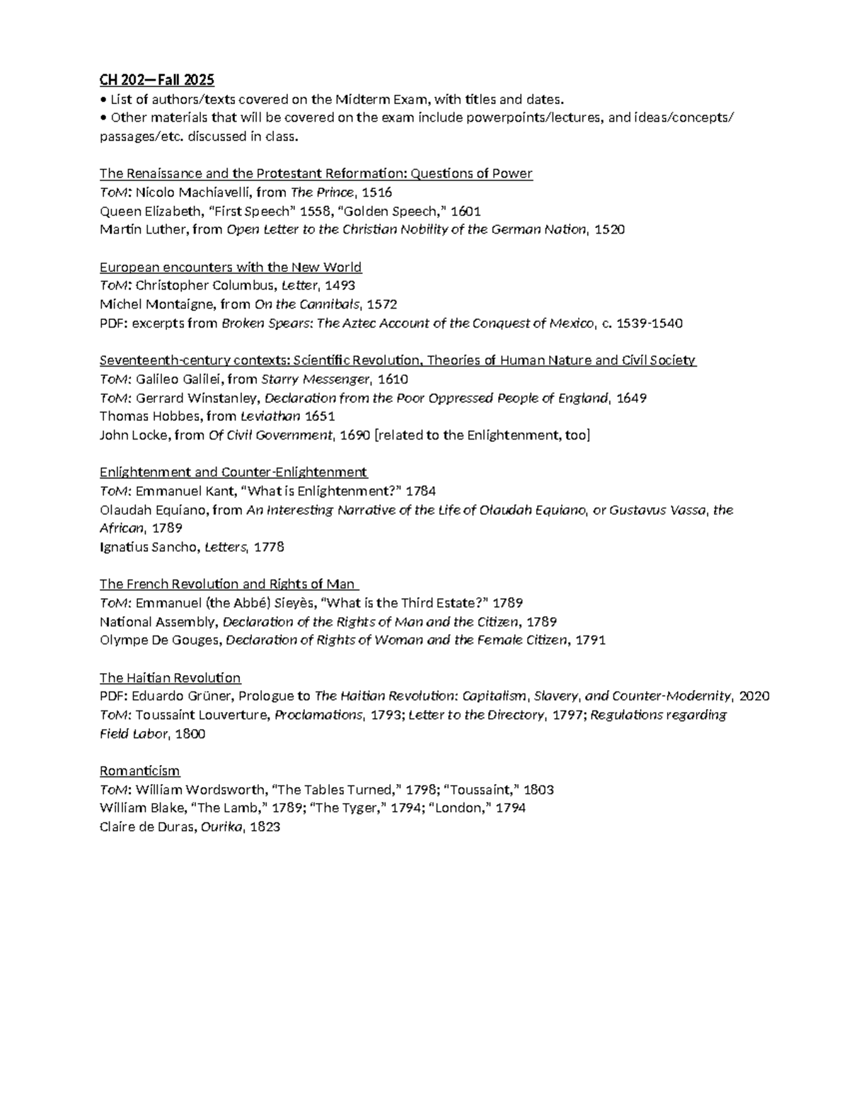 CH 202 Midterm Exam Review: Key Texts & Themes for Fall 2025 - Studocu