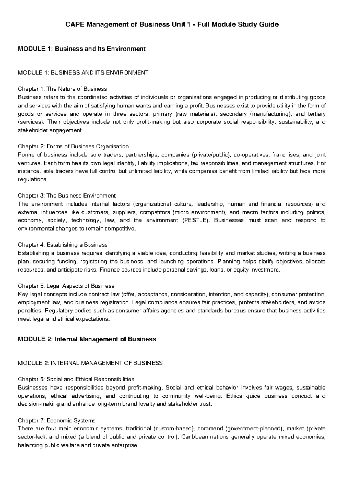 CAPE Management of Business Unit 1 Study Guide: Modules 1 & 2 Overview ...