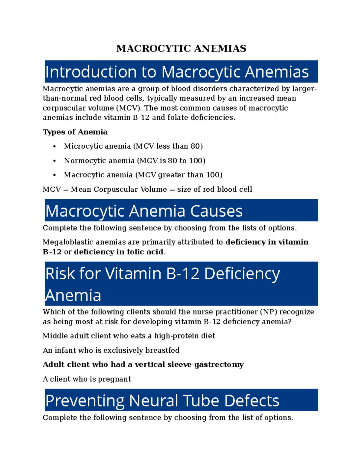 Macrocytic Anemias - EDAPT Wk 2 Overview and Clinical Insights - Studocu