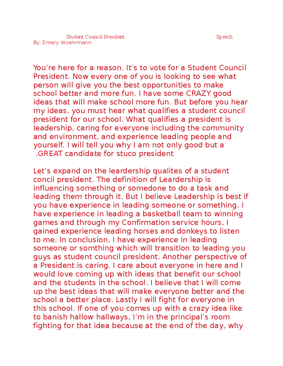 Student Council President Speech