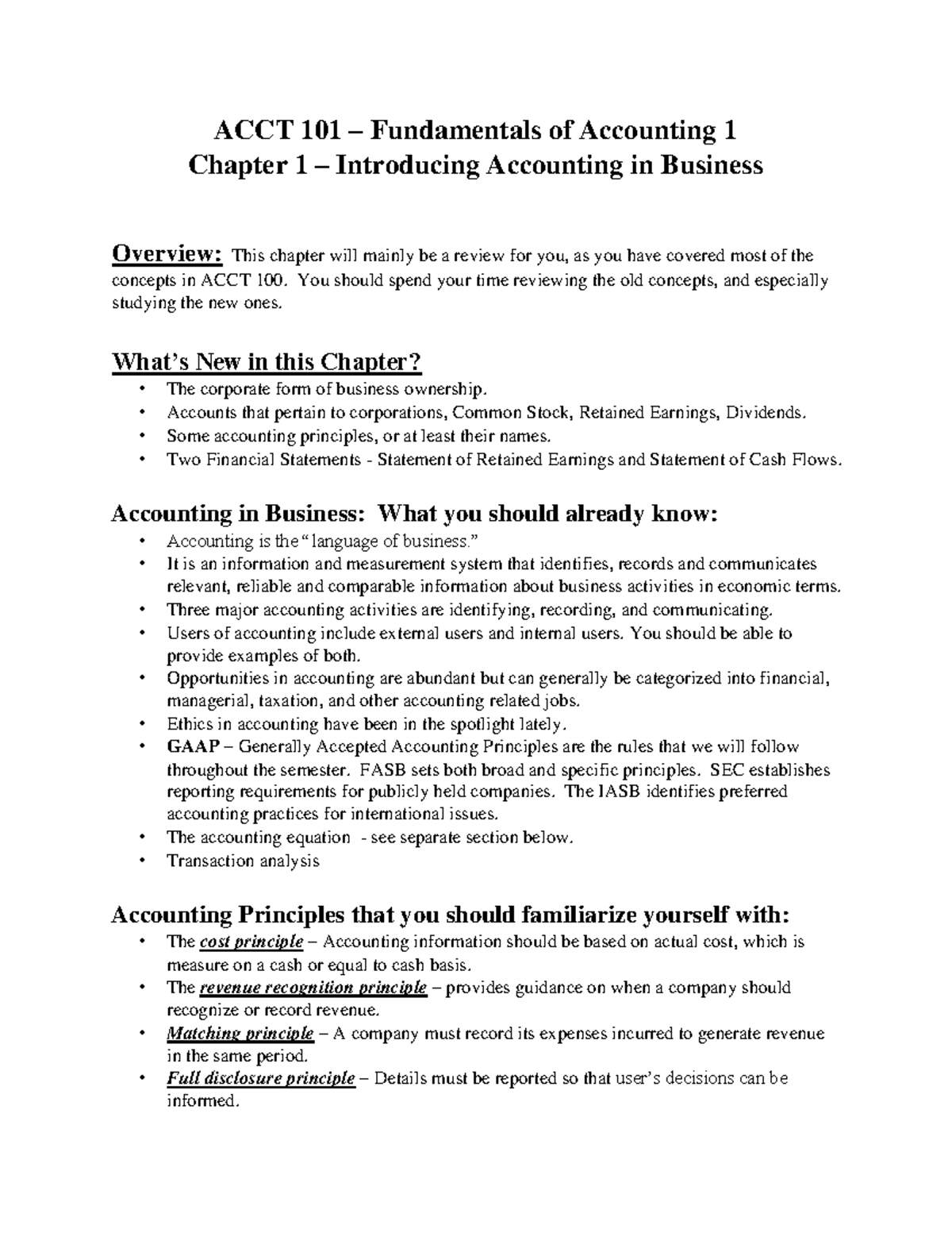 ACCT 101 Final Exam Review: Chapter 1 - Intro to Accounting - Studocu