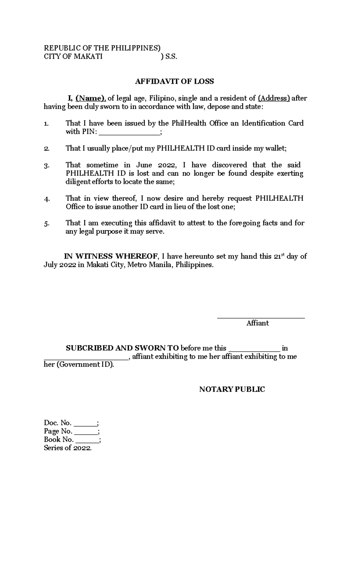 Affidavit of Loss for Lost PHILHEALTH ID – Legal Document - Studocu