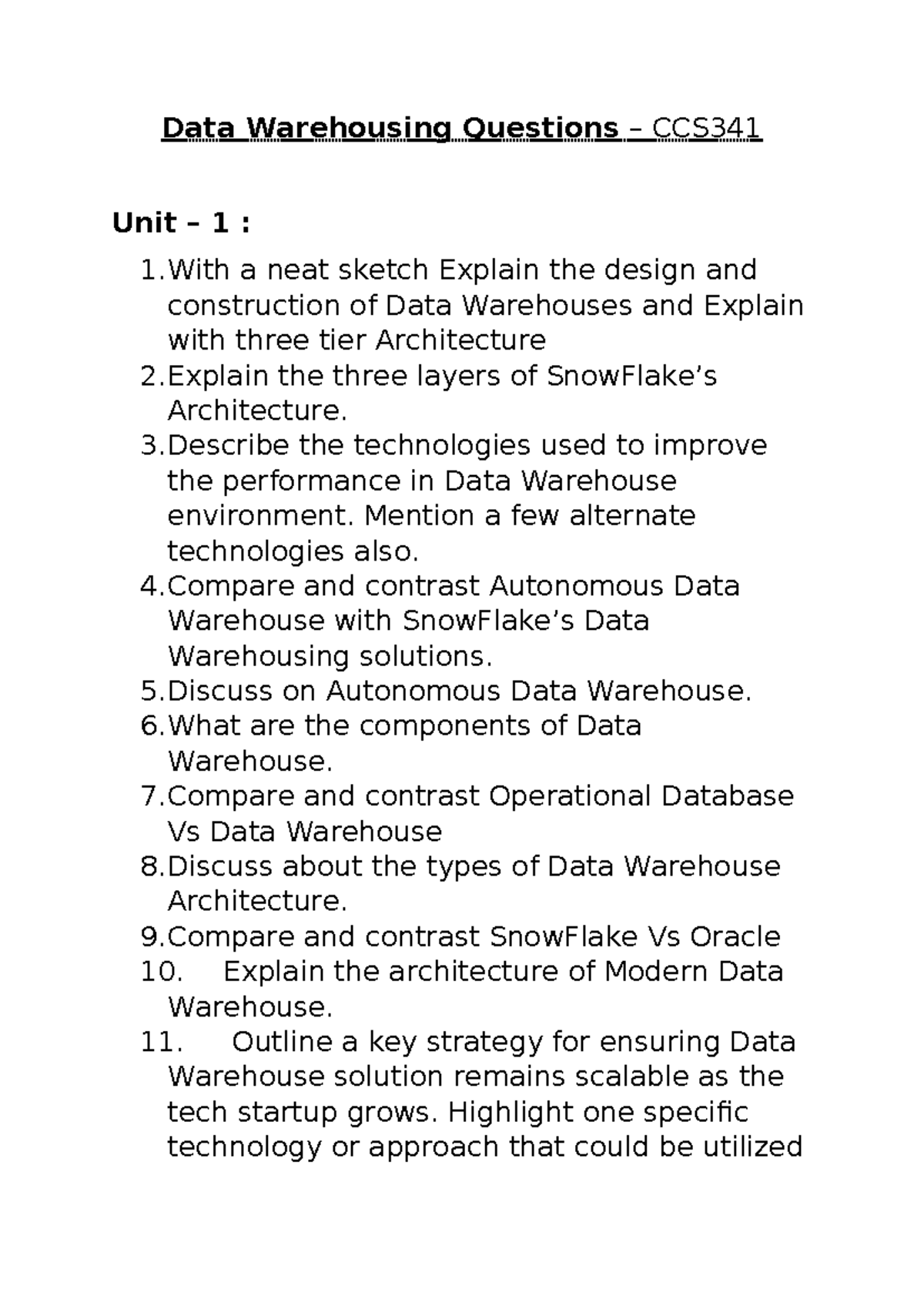 Data Warehousing Questions CCS341: Comprehensive Unit Overview - Studocu