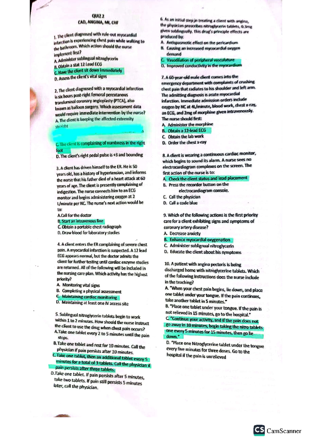 QUIZ 2: CAD, Angina, MI, CHF - Key Concepts and Nursing Interventions ...