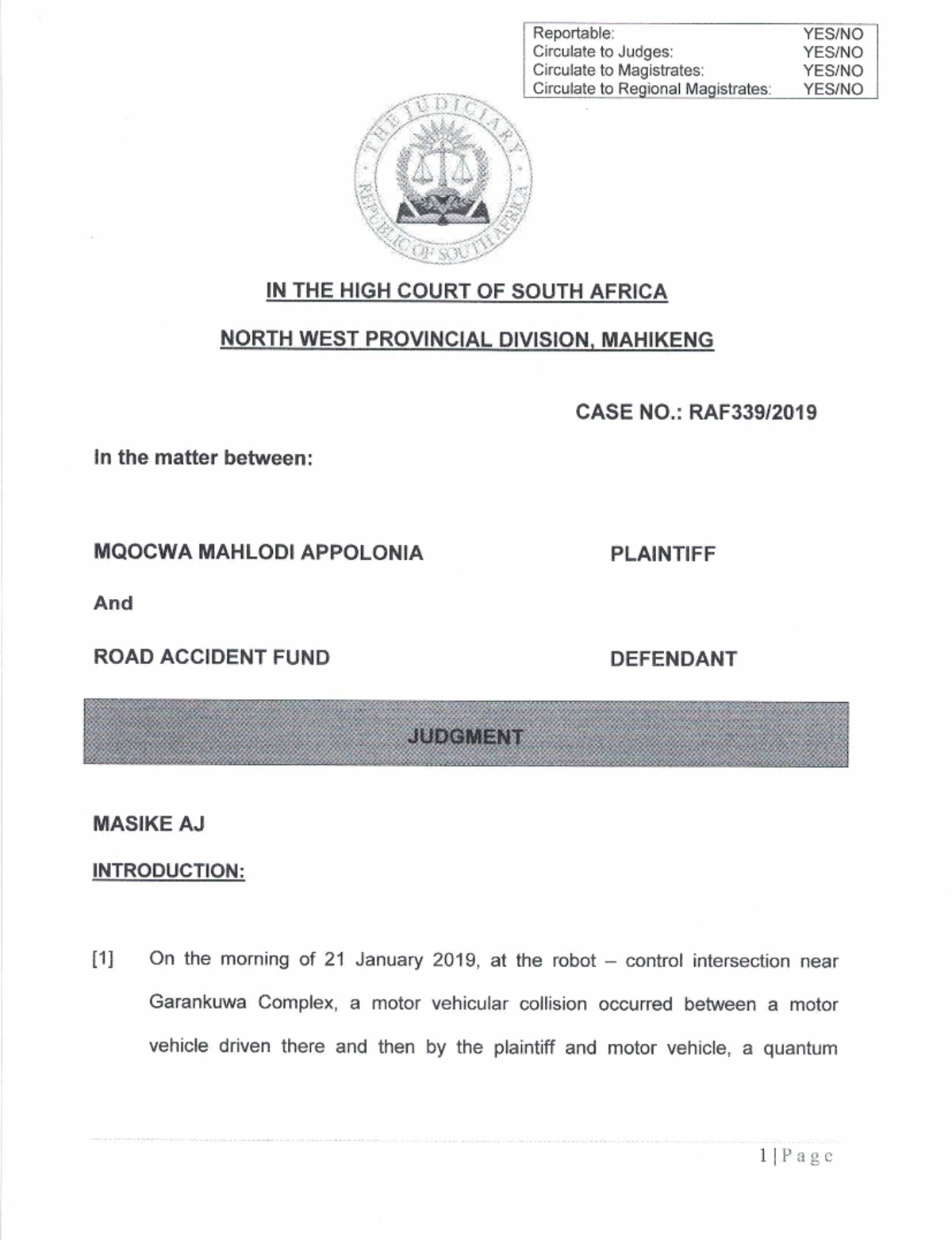 RAF - case law - Reportable: Circulate to Judges: Circulate to ...