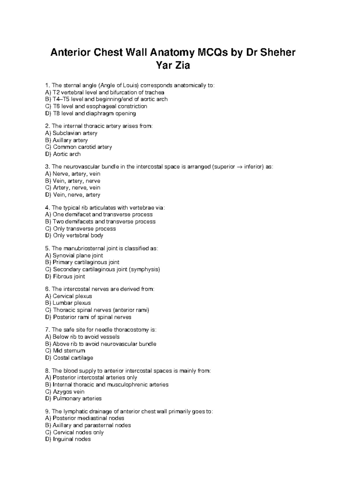 Anterior Chest Wall Anatomy MCQs - Dr. Sheher Yar Zia - Studocu