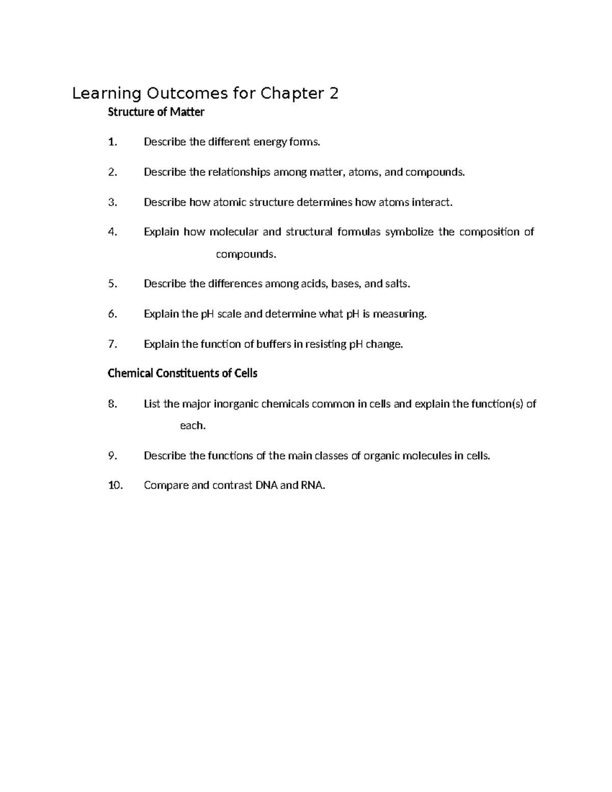 Learning Outcomes for CHM 101: Structure of Matter & Cell Chemistry - Studocu