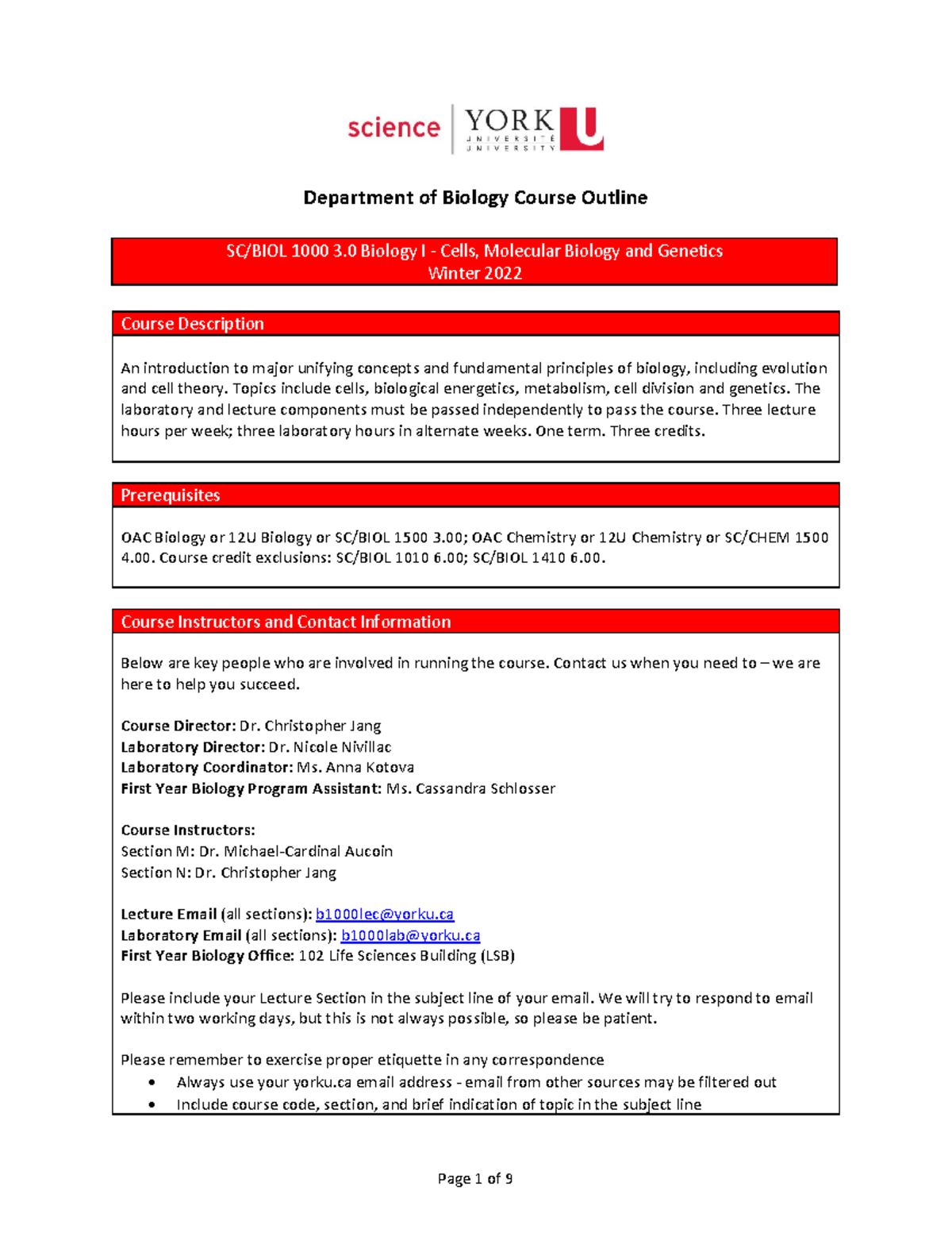 BIOL-1000 Course Outline: Biology I - Cells, Molecular Biology ...
