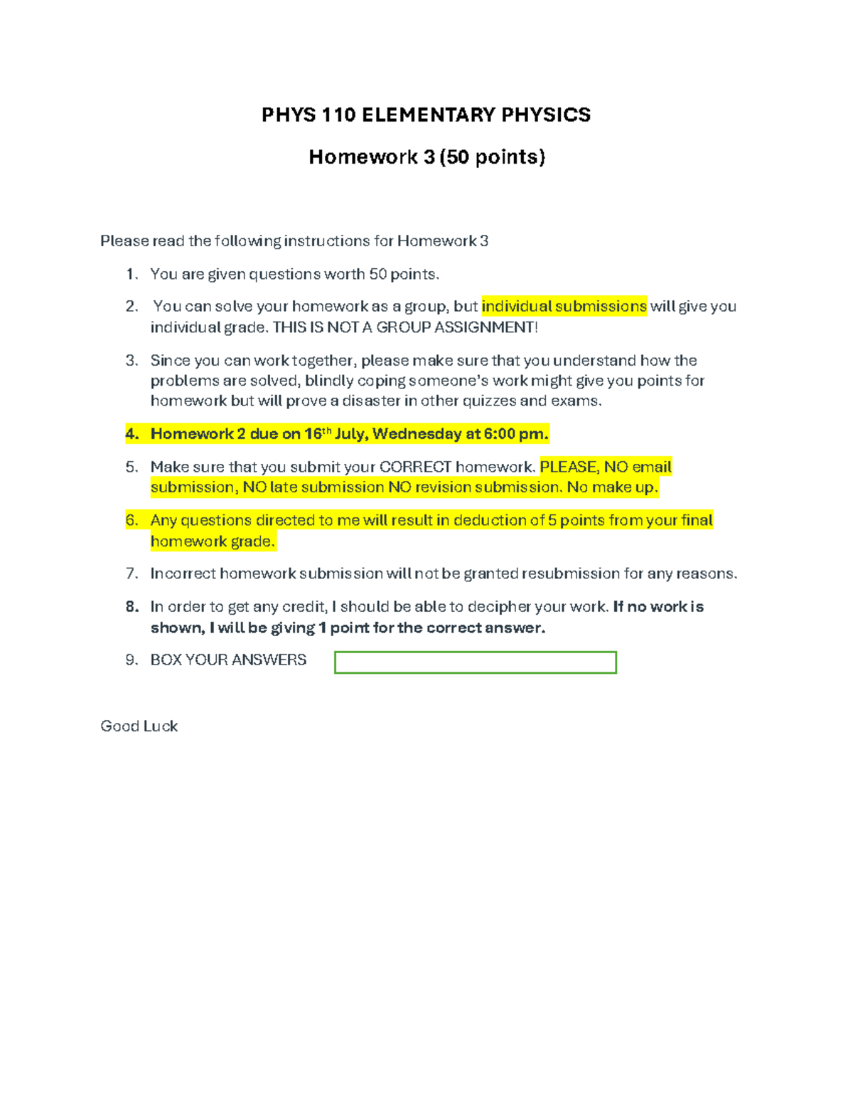 PHYS 110 ELEMENTARY PHYSICS Homework 3 Instructions and Problems - Studocu